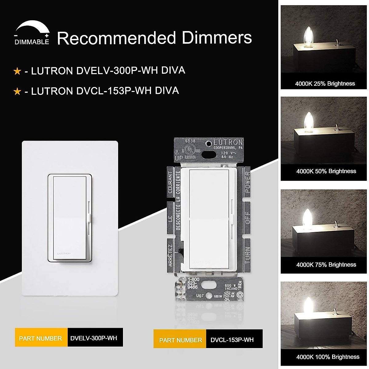 CRLight 6W LED Candelabra Bulb 4000K Daylight White, 70W Equivalent 700LM Dimmable, E12 Vintage Edison Clear Glass B10 Candle Torpedo Shape Bullet Top LED Chandelier Light Bulbs, Pack of 6