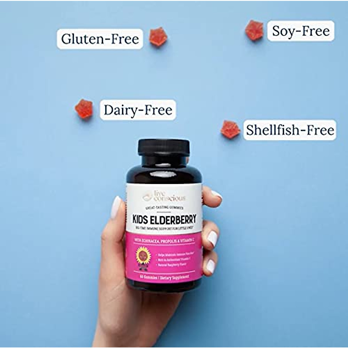 Kids Elderberry Gummies | Great-Tasting Immune Support Formula with Vitamin C, Echinacea, Sambucus, Propolis Extract | by Live Conscious - 60 Count