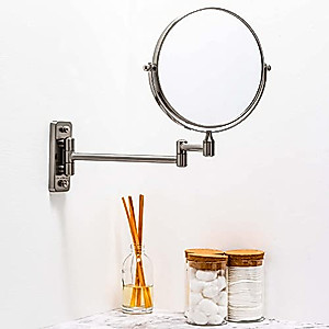 OVENTE 7" Wall Mount Makeup Mirror, 1X & 10X Magnifier, Adjustable Spinning Double Sided Round Reflection, Extend, Retractable & Folding Arm, Bathroom & Vanity Décor, Nickel Brushed MNLFW70BR1X10X