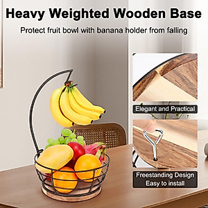 Livabber Countertop Fruit Basket Bowl with Banana Hanger, Modern Standing Fruit Vegetable Bowl Storage, with Banana Tree Holder for Kitchen Dinning Table (Round Wood, Black)