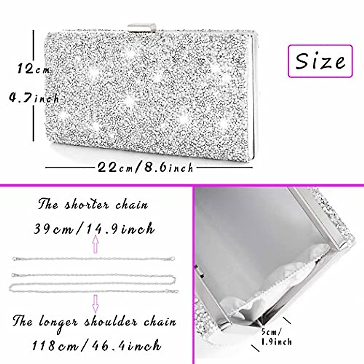 ELABEST Glitter Evening Clutch Bag Rhinestone Handbag Crossbody Purse Wedding Party Bag for Women and Girls (Double-sided silver crystal)