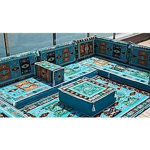 Light Blue Floor Seating Set, Corner Floor Sofa Set, Arabic Majlis, U Shaped Arabic Sofa Set, Sectional Sofas, Floor Cushions, Arabic Jalsa (U Sofa Full Set)