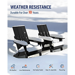 POWERWOOD Modern Adirondack Chairs Set of 4, Oversized HDPE Folding Adirondack Chairs with Cup Holder, Plastic Outdoor Chair, Fire Pit Chairs (Black)