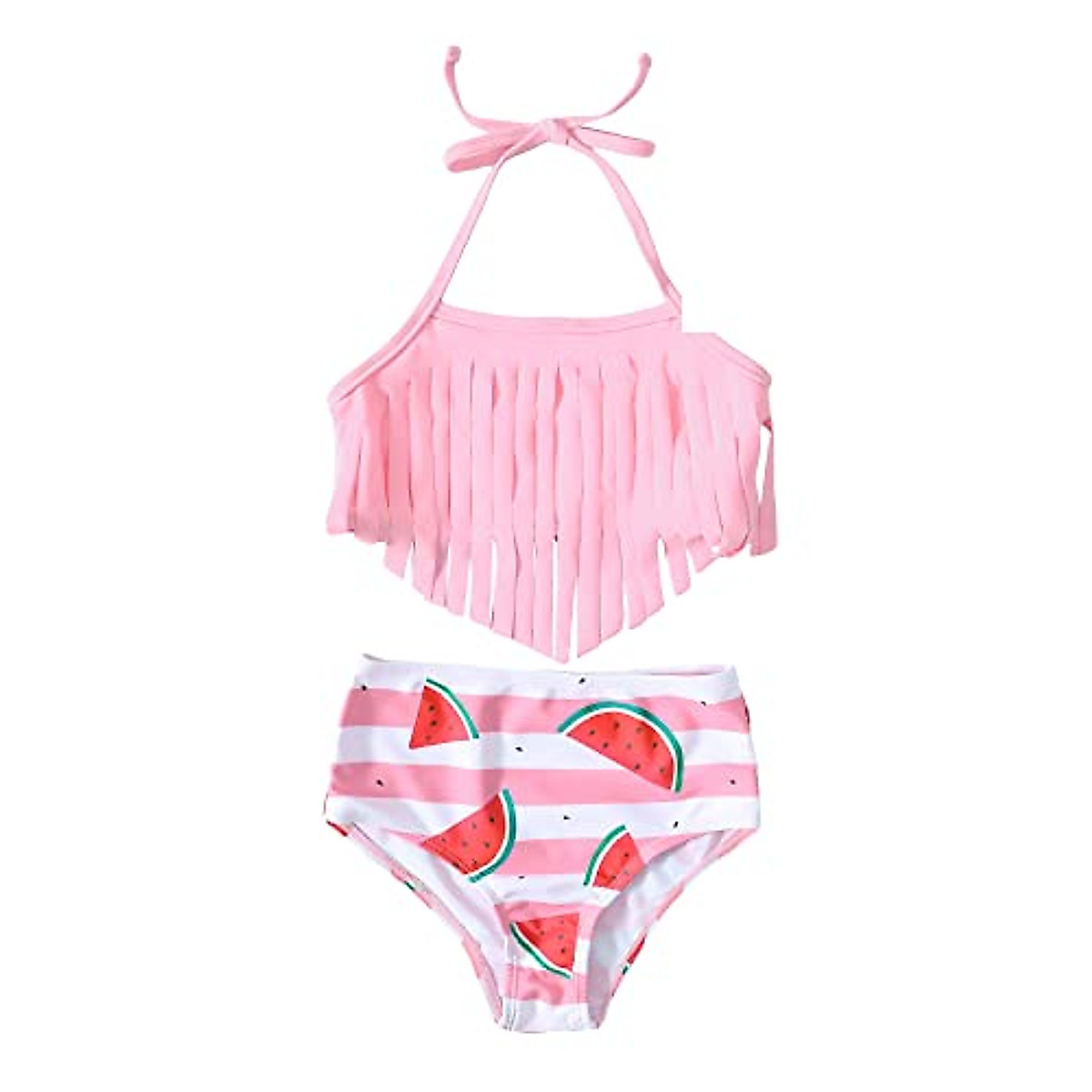 4T Toddler Girl Swimsuit Little Kids Triangle Bikini Tassel Halter Tankini Top 2pc Watermelon Bathing Suit 4T 5T Swimsuit for Girls Light Pink