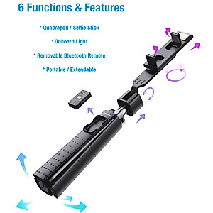 Fugetek 40'' Quadrapod Lighted Selfie Stick Stand, Lightweight 7oz, Wireless Bluetooth Remote, Patented Ultra Stable 4 Legs, 3 Onboard Light Modes, Compatible with iPhone & Android (Black)