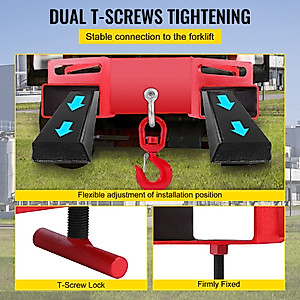 VEVOR Forklift Lifting Hook, 6600lbs Capacity Forklift Lifting Hoist, Red Forklift Mobile Crane with Swivel Hook and Two Large T-Screws, Hook Forklift Lifting Hoist, Fork Lifting Attachment