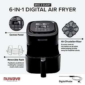 Nuwave Brio 8-Qt Air Fryer, Powerful 1800W, Easy-to-Read Cool White Display, 50°-400°F Temp Controls, 100 Pre-Programmed Presets & 50 Memory Slots, Integrated Smart Thermometer, Linear T Technology
