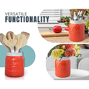 Comfify Wide Mouth Mason Jar Utensil Holder Decorative Kitchenware Organizer Crock, Chip Resistant Ceramic, Dishwasher Safe - Kitchen Caddy, Large Size 7" High - Coral