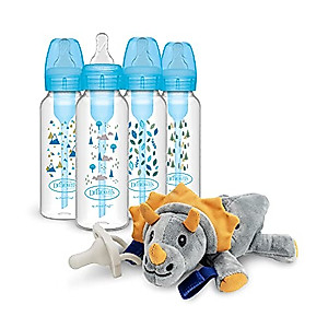 Dr. Brown’s Natural Flow® Anti-Colic Options+™ Narrow Baby Bottles 8 oz/250 mL, with Level 1 Slow Flow Nipple, 4 Pack, Blue Nature & Triceratops Lovey with HappyPaci Pacifier, 0m+