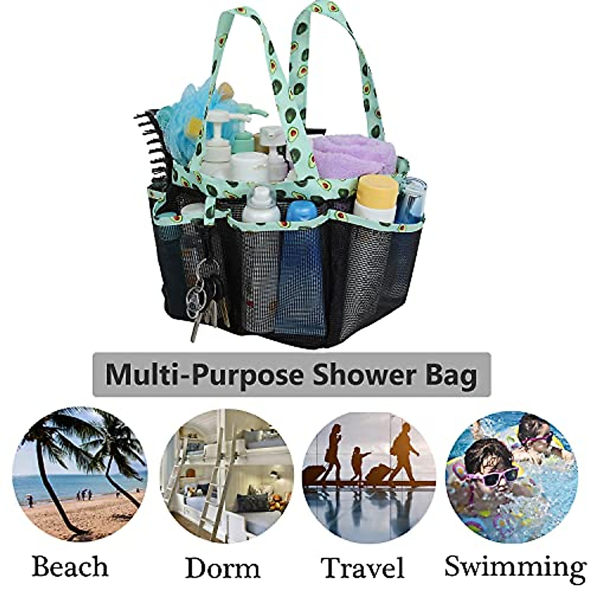 Mesh Shower Caddy Tote for College Dorm Room Essentials, Hanging Large Portable Shower Tote Bag Toiletry Organizer with Key Hook for Bathroom Accessories(nyg)