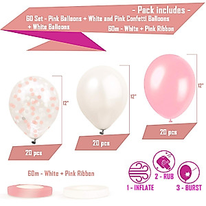 Dandy Decor 60 Pack Pink Balloons + Pink Confetti Balloons + White Balloons w/Ribbon | Light Pink Balloons | Pink Balloon | Pink Latex Balloons | Baby Pink Balloons | Bulk Balloons