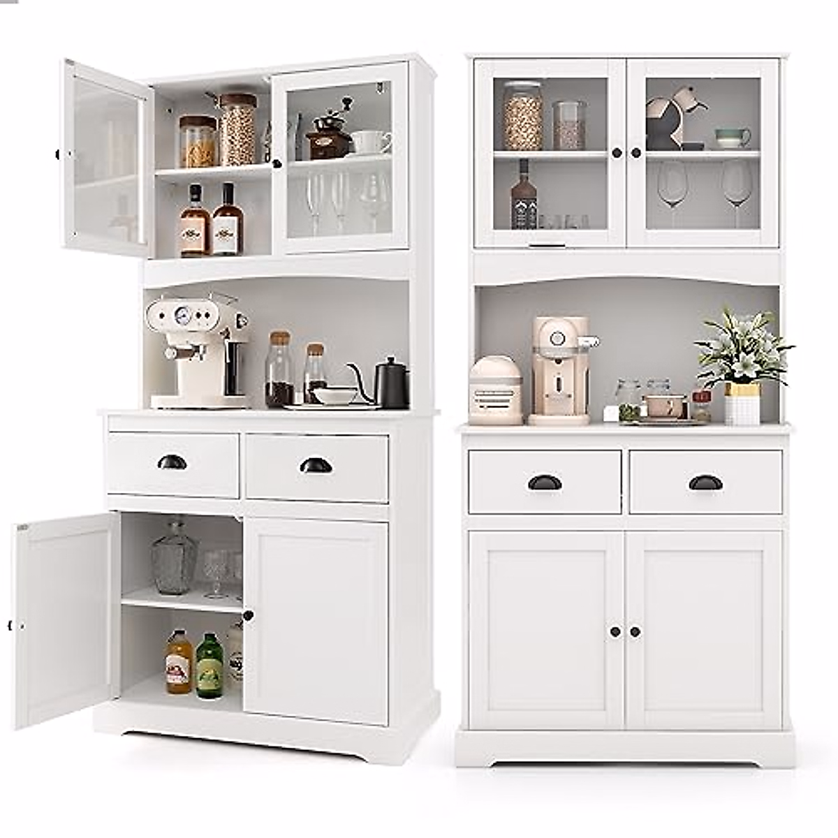 PETSITE Kitchen Hutch Storage Cabinet, Pantry Buffet Cabinet w/Tempered Glass Doors, Double Drawers, Adjustable Shelves & Anti-toppling Fitting, Tall Cupboard for Dining Room (White)