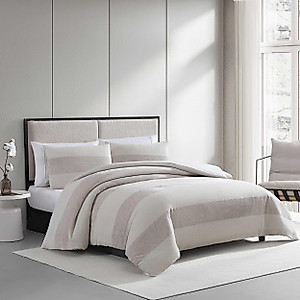 Vera Wang - Queen Duvet Cover Set, Premium Cotton Bedding with Matching Shams, Textured Striped Decor, Ideal for All Seasons, Oeko-Tex Certified (Chenille Waffle Stripe Beige, Queen)