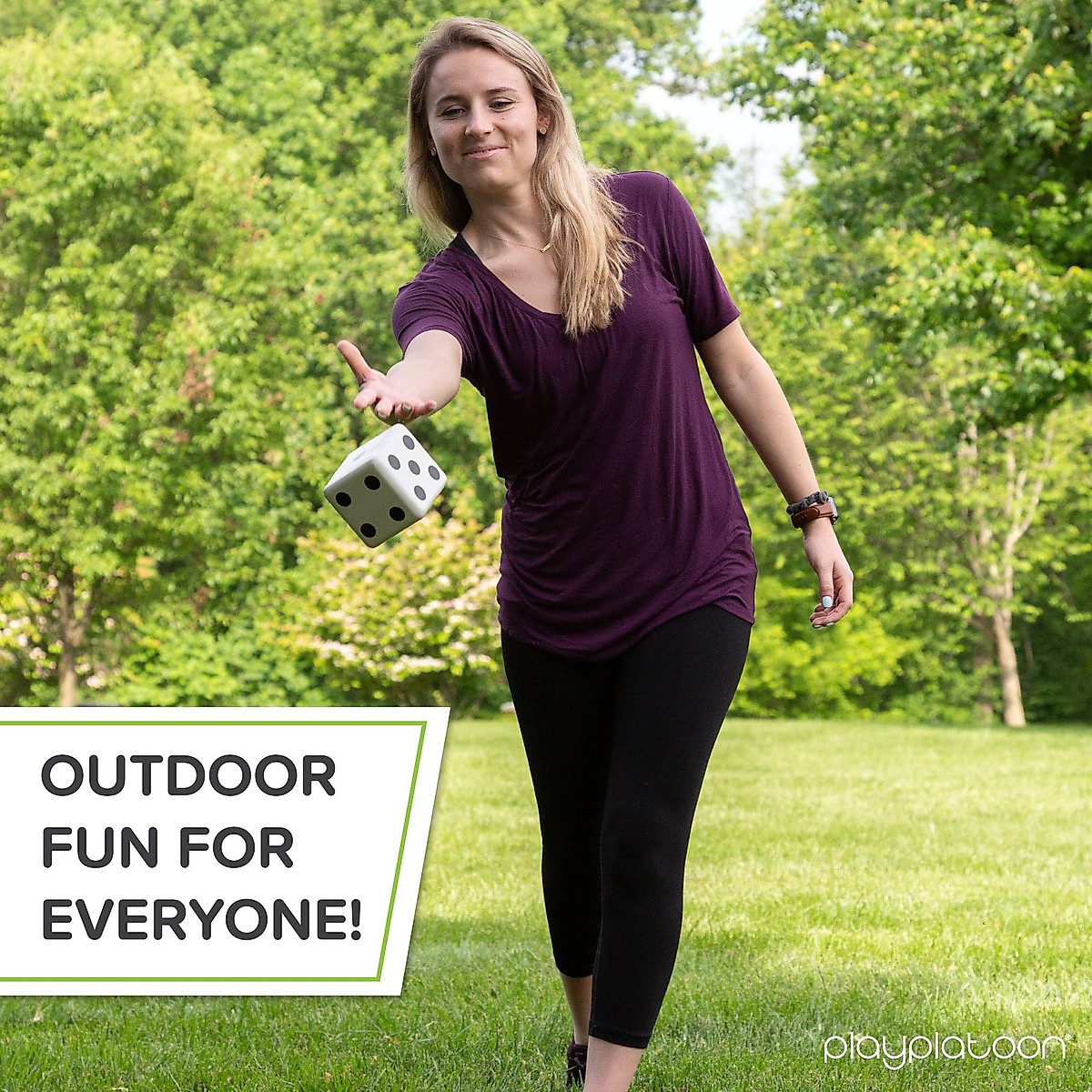 Play Platoon Giant Wooden Dice, Yardzee Outdoor Game with Bucket, 3.5" Giant Wooden Games for Families, 6 Large Dice, Collapsible Bucket, Score Cards, Dry Erase Marker