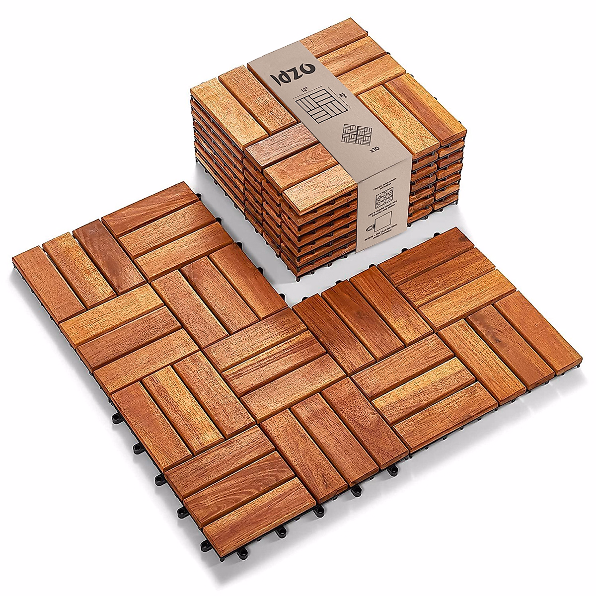 Idzo Interlocking Deck Tiles - 10PCS Waterproof Acacia Wood Patio Tiles, Flooring Tiles for Both Indoor and Outdoor - Decking Checker Pattern, 12 x 12 x 0.9 Inches, Golden Teak