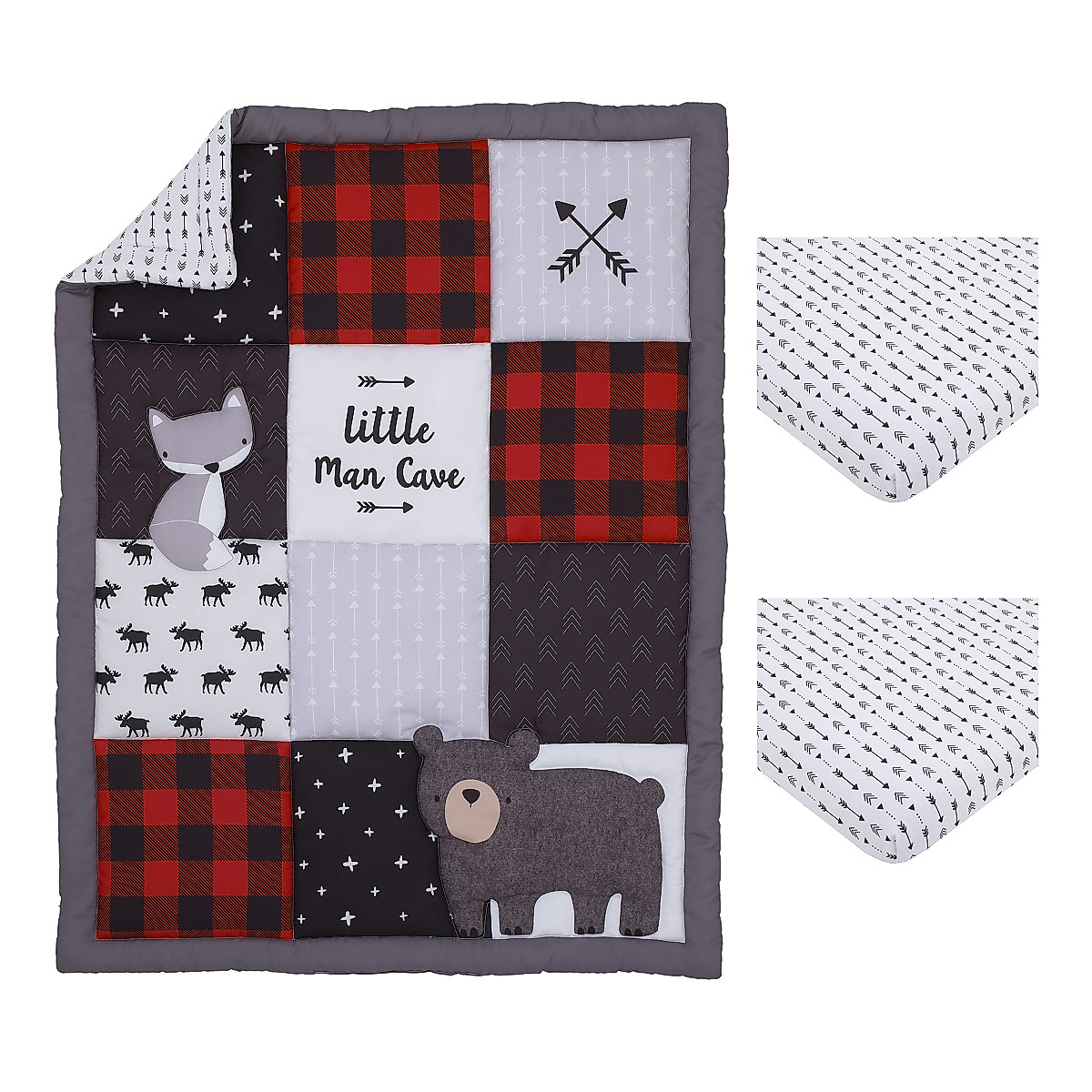 Little Love by NoJo Little Man Cave Grey, Red, Black and Ivory, Bear, Fox, Moose, Buffalo Check and Arrows Rustic 3 Piece Nursery Mini Crib Set - Comforter and Two Fitted Mini Crib Sheets