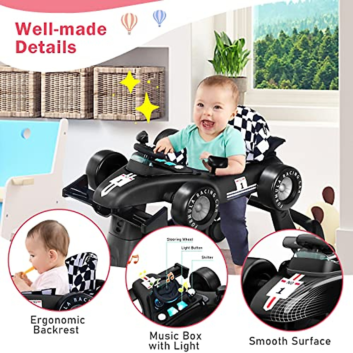 BABY JOY 4-in-1 Baby Walker, Foldable Activity Walker with Adjustable Height & Speed, Music, Lights, Anti-Rollover, Toddler Push Walker, Baby Walker with Wheels for Boys Girls 6-18 Months (Black)