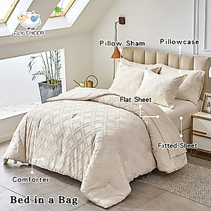 6 Pieces Tufted Bed in a Bag Twin Comforter Set with Sheets Beige, Soft and Embroidery Shabby Chic Boho Bohemian Design, Luxury Solid Color with Diamond Pattern, Jacquard Tufts Bedding Set for Kids