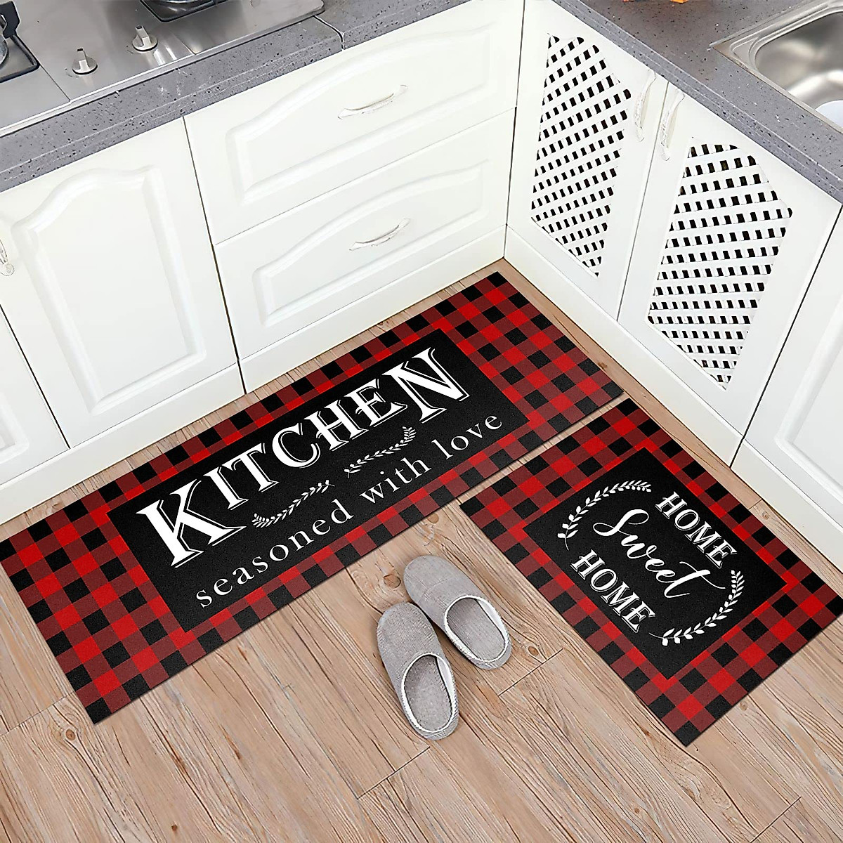 HOLVDENG Red Buffalo Plaid Kitchen Mat Set of 2 Non Slip Thick Kitchen Rugs and Mats for Floor Comfort Standing Mats for Kitchen, Sink, Office, Laundry, 17"x47"+17"x28"