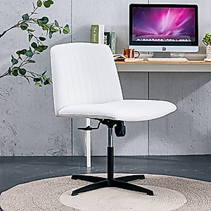 Swivel Armless Chair No Wheels,PU Leather Computer Chair,Height Adjustable 360°Swivel Office Chair with Black Foot and Padded Cushion,Study Desk Chair Makeup Chair for Living Room Office,White