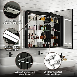 Klajowp LED Lighted Bathroom Medicine Cabinet with Mirror, 24x32 Inch Medicine Cabinet with Mirror, Recessed or Surface Bathroom Medicine Cabinet with Lights, Medicine Cabinet Mirror Black, Anti-Fog
