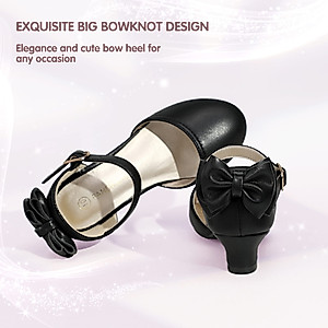 PANDANINJIA Girls Heels Sandals Toddler Flower Girl Dress Shoes Princess Mary Jane Pumps Low Heel Wedding Party Wendy Shoes for Little Kid/Big Kid Size 2, Black Pu