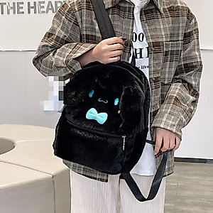 Kawaii fluffy plush fuzzy cute aesthetic backpack teenage school gift for birthday Christmas Winter (black)