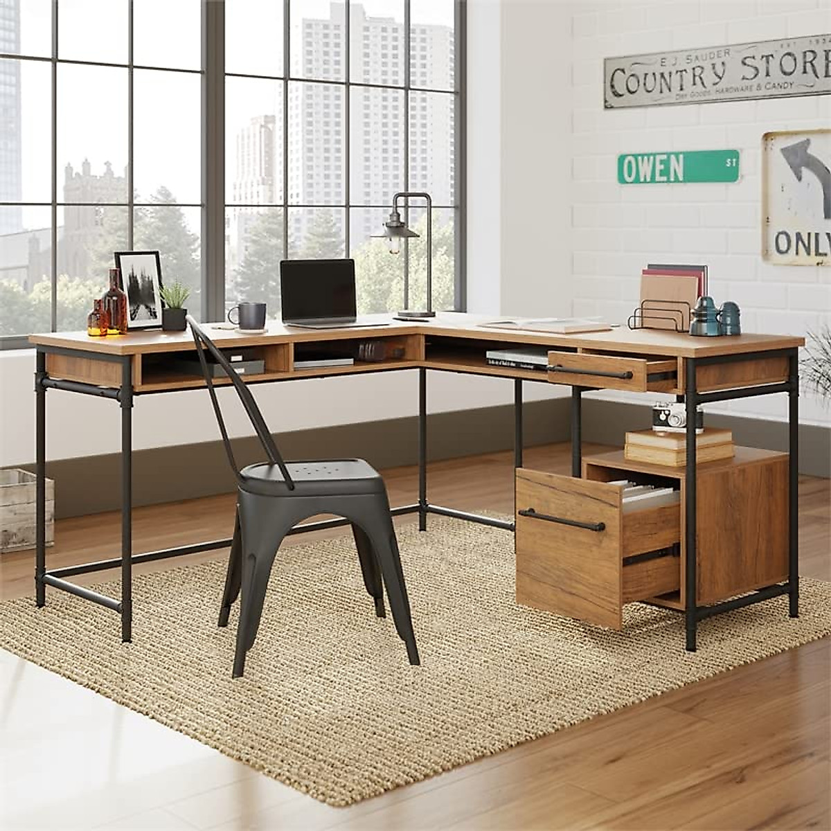 Sauder Iron City Engineered Wood L-Desk in Checked Oak Finish
