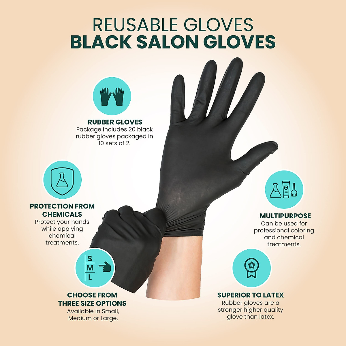 Salon Supply Co Nitrile Gloves - Rubber Hair Dye Gloves - 20 Pack (10 sets of 2) - Reusable Gloves for Hair Coloring - Hair Color Gloves - Black Gloves Disposable Latex-Free Powder-Free (Small)