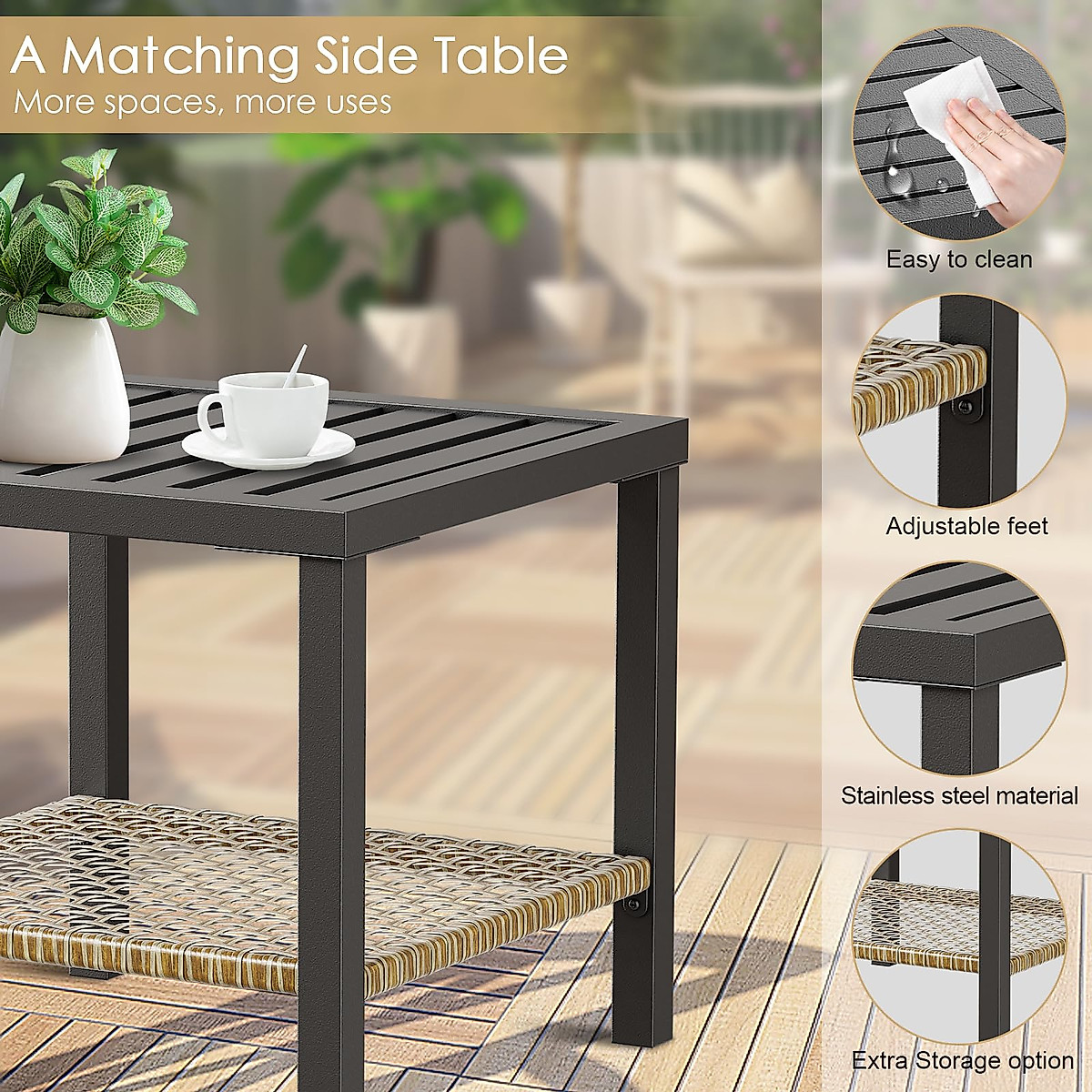 SDMY Rocking Bistro Set, Outdoor Wicker Furniture Sets, Patio Conversation Furniture Set with 2 Rockers and 1 Metal Coffee Table with Thick Cushions, Poolside, Garden, White