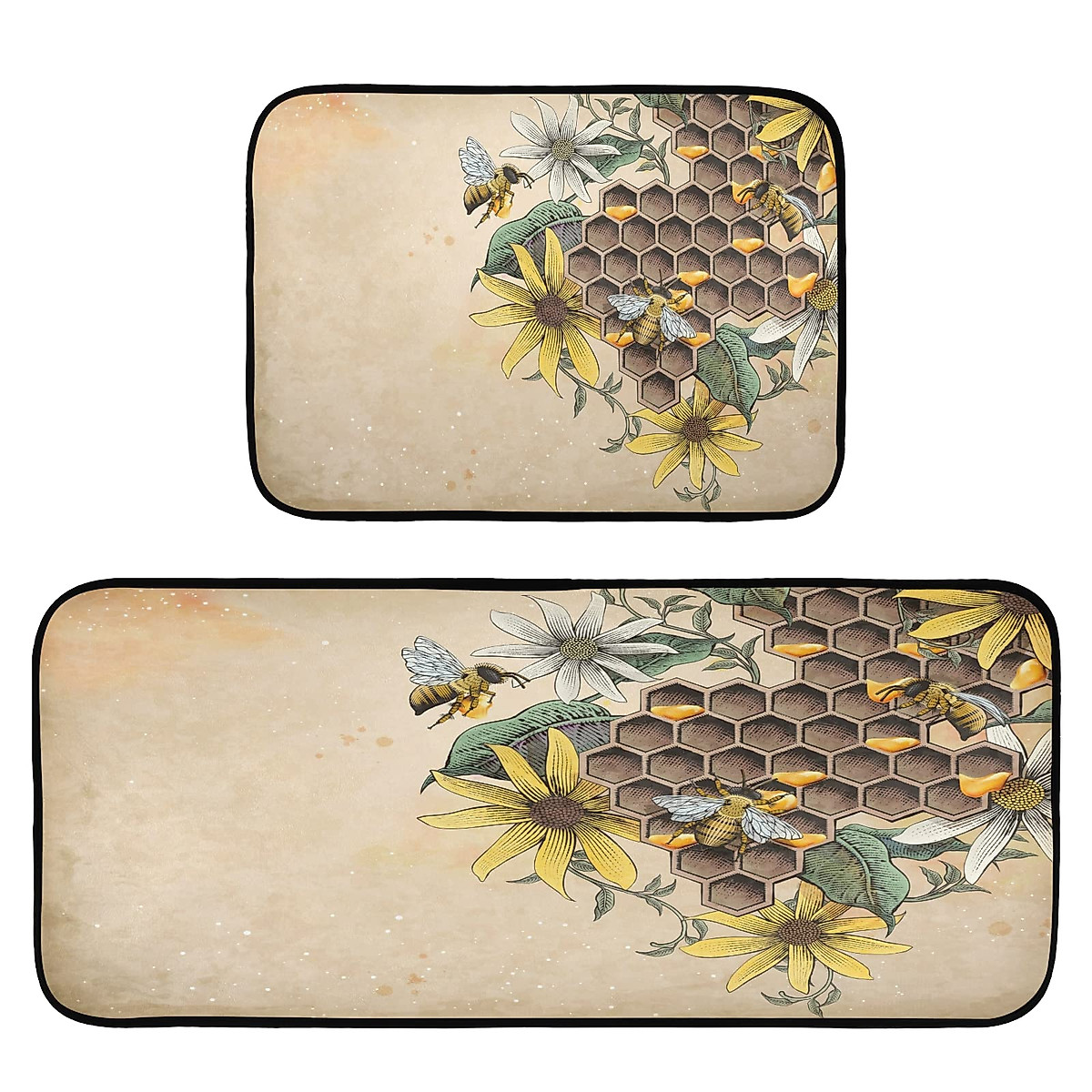 ALAZA Honey Bee Flower Vintage 2 Piece Kitchen Rug Floor Mat Set Runner Rugs Non-Slip for Kitchen Laundry Office 20" x 28" + 20" x 48"