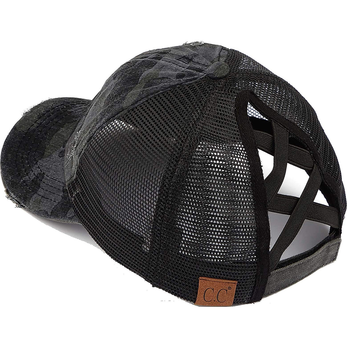 Funky Junque Ponytail Messy Bun Trucker Ponycap: Jet Black CAMO w/Black Criss Cross Back