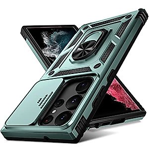 CASEJEEN for Samsung Galaxy S23 Ultra Case,Heavy Duty Shockproof Full Body Protective Phone Cover,Built in Slide Camera Lens Cover+Finger Ring Stable Kickstand,Dark Green