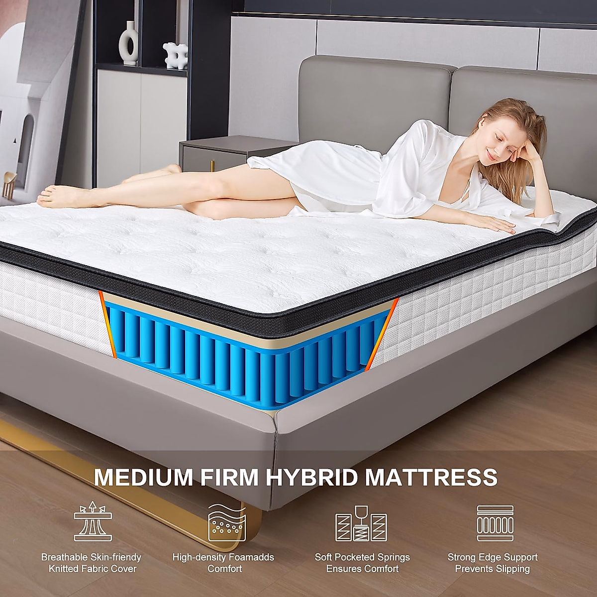 G LAXIA 12 Inch White Full Spring Mattress,Medium Firm with Gel Memory Foam,Individually Pocketed Coil,Fiberglass-Free Fire Retardant CertiPUR-US Certified,75"*54"*12"