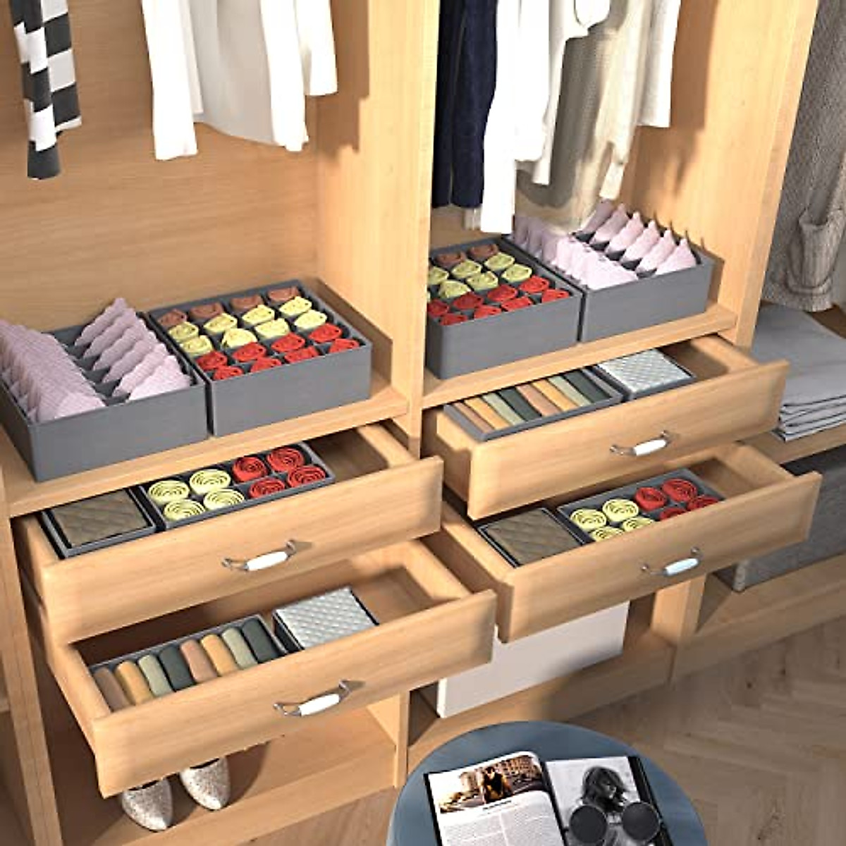 NAC HOOH Drawer Underwear Organizer Divider Fabric Foldable Dresser Storage Basket Organizers and Storage Bins for Storing Bra Ties Lingerie Undies Sock Panty Belts Clothes Scarves Grey (NC05-12-G)