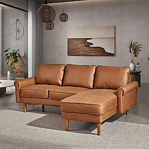 Weaxty 81.55" Sofa Couch, L Shaped Faux Leather Sectional with Chaise Suede Fabric Couch Sofas with Comfortable Cushions for Small Space Living Room Apartment, Right Chaise Brown