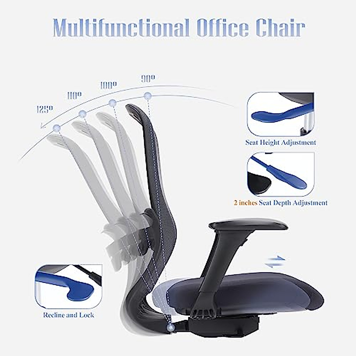 Ergonomic Mesh Office Chair, Mid Back Computer Executive Desk Chair with 4D Armrests, Slide Seat, Tilt Lock and Lumbar Support