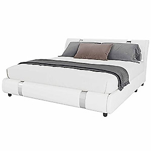 Keyluv Modern Faux Leather Upholstered Platform Bed Frame with Metal Decoration Headboard, Curved Headboard, Wooden Slats Support, No Box Spring Needed, Full Size, White
