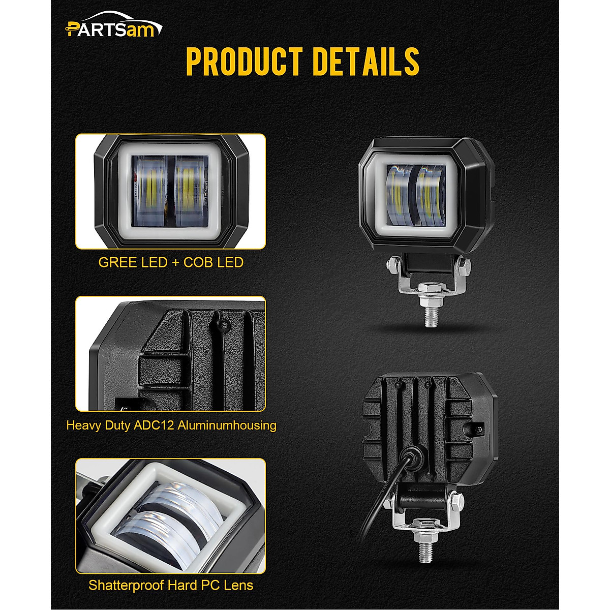 Partsam 3 Inch White Pods Light With DRL 2 Modes 16W Waterproof Cubes Offroad Work Cree LED Pods Spot Flood Ditch Fog Lights for Pickup Truck SUV ATV UTV Boat Forklift 4x4 Motorcycle, Pack of 2