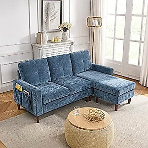 Lepfun 80” Convertible Sectional Sofa Couch, Practical 3 Seats L-Shape Sofa with Removable Cushions and Pocket, Rubber Wood Legs, Suitable for Apartment,Living Room and Office,Navy Chenille