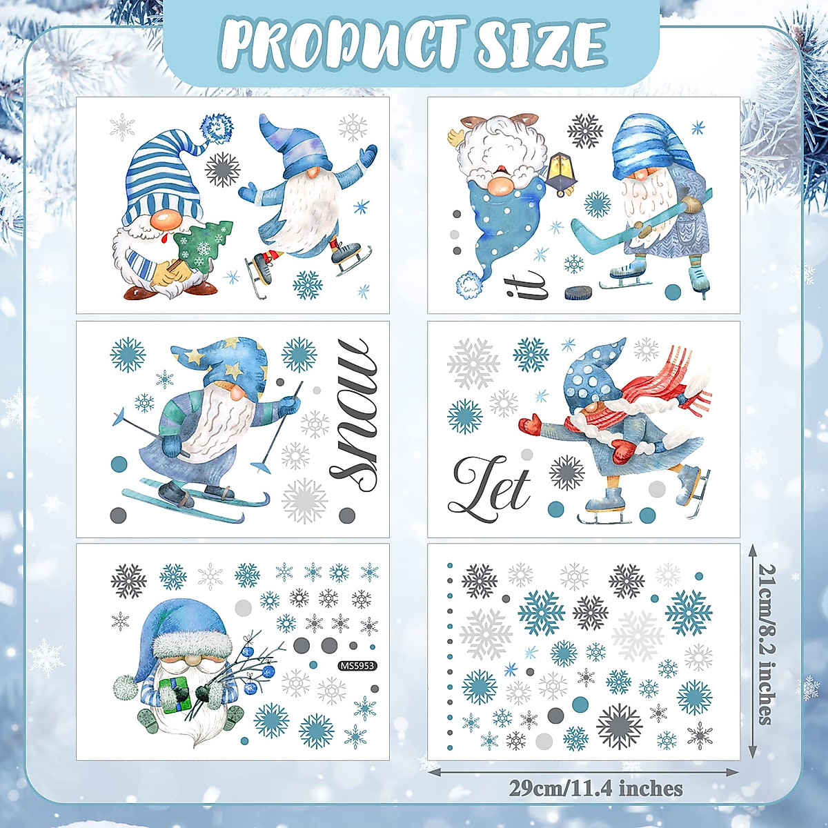 135 Pcs Snowy Winter Gnome Snowflake Wall Decals Christmas Wall Decals Snowflakes Wall Decal Silver and Blue Theme Christmas Snowflake Wall Stickers for Home Bedroom Kitchen Decor Gift(Snow Style)
