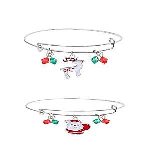 2 Pairs Santa Claus Elk Deer Bangle Bracelets for Women Silver Plated Dainty Colorful Enamel Animal Crystal Bead Stretch Bracelet for Christmas Party Winter Festival Holiday Jewelry Gifts (2 pairs christmas bracelets)