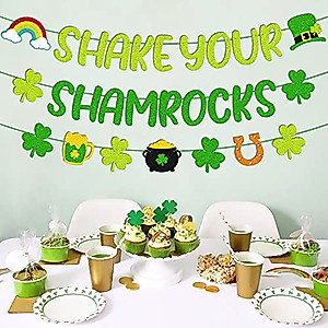 St Patrick Day Banner Shake Your Shamrocks Banner Happy St Patrick Party Garland Decoration Glitter Green Three Leaf Clover Shamrocks Garland for Irish Day Birthday Baby Shower Engagement Bridal Shower Bachelorette Party Anniversary Celebration Supplies