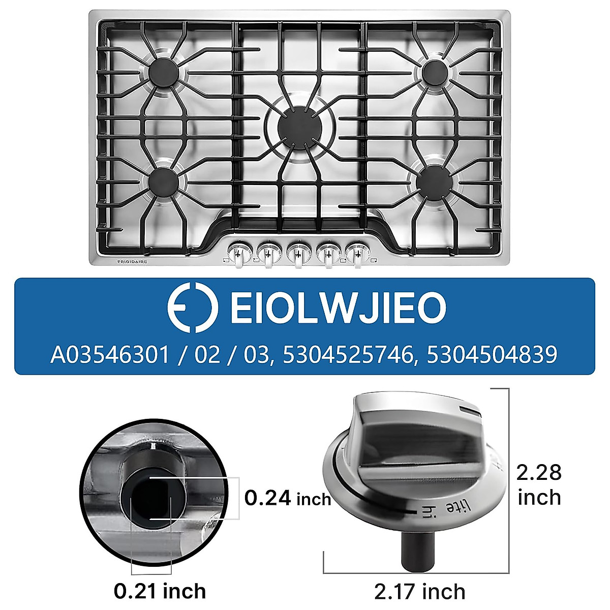 Upgraded A03546301/02/03 5304525746 5304504839 Gas Cooktop Knobs for Frigidaire Stove, Laser Engraving Sign Knob for Frigidaire Cooktop FFGC3026SS FFGC3626SS (Long Stem, Size:2.24IN, Material:ABS749)