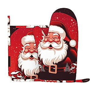 Santa Claus Christmas Printed Oven Mitts and Pot Holders Sets Heat Resistant Kitchen Oven Gloves Potholders Set Extra Long Non-Slip Silicone Gloves for Cooking Baking BBQ