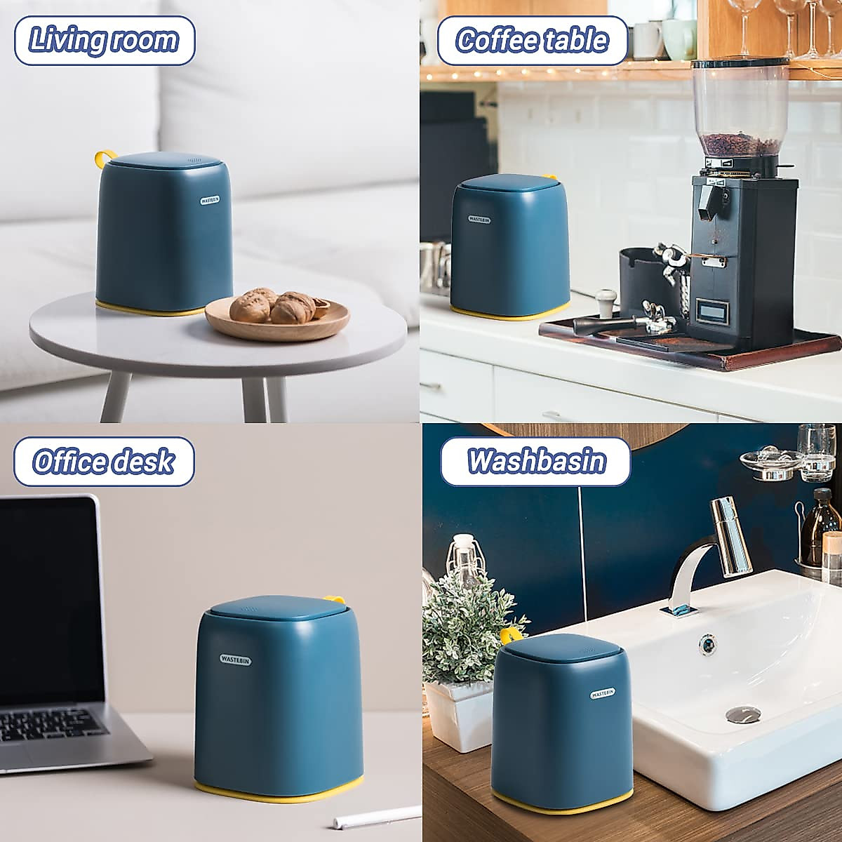 GILIF Tiny Desktop Trash Can with Lid,Mini Waste Bin with Push Button Cover with 90pcs Trash Bags,Modern Cute Small Little Plastic Countertop Garbage Bin for Car,Bathroom,Kitchen,Laundry Room (Blue)