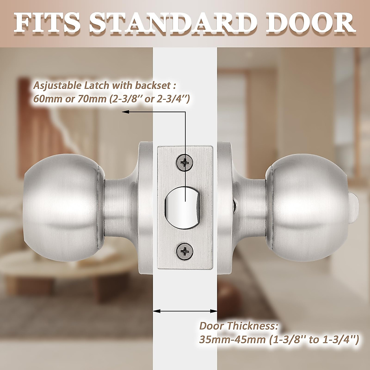 Probrico 10 Pack Bed/Bath Room Round Door Knob,Privacy Function for Bathroom/Bedroom,Interior Door Knobs with Lock Satin Nickel Finish, Keyless(Thumb Turn Lock on The Inside) Door Handles Locks