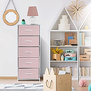 Sorbus Fabric Dresser for Kids Bedroom - Chest of 5 Drawers, Tall Storage Tower, Clothing Organizer, for Closet, for Playroom, for Nursery, Steel Frame, Fabric Bins - Wood Handle (Pink)
