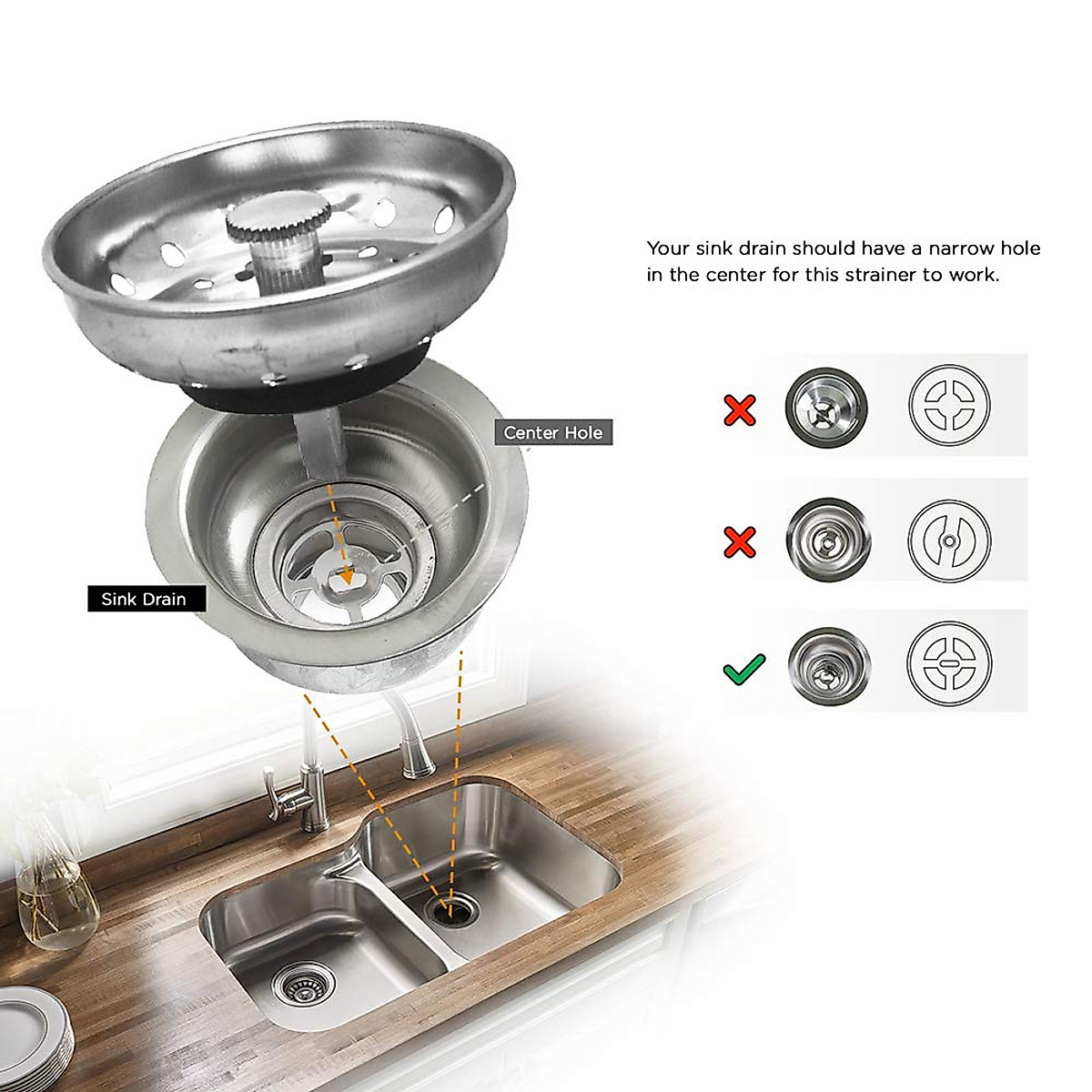 Highcraft 97333O Kitchen Sink Basket Strainer Replacement for Standard Drains (3-1/2 Inch) Chrome Plated Stainless Steel Body with Rubber Stopper, Single