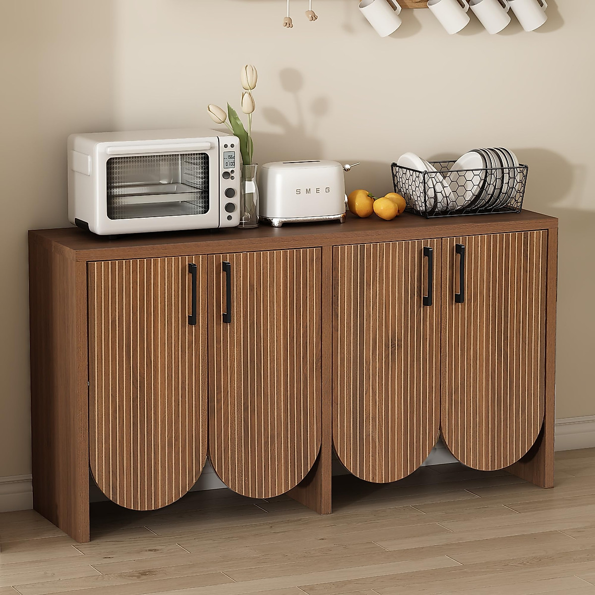 Fluted Buffet Sideboard Cabinet with Storage,Scandinavian 57.9” Storage Cabinet with Adjustable Shelves,Carved Arc Door Design Accent Buffet Cabinet for Living Room Dining Room (Walnut, 4 Door)